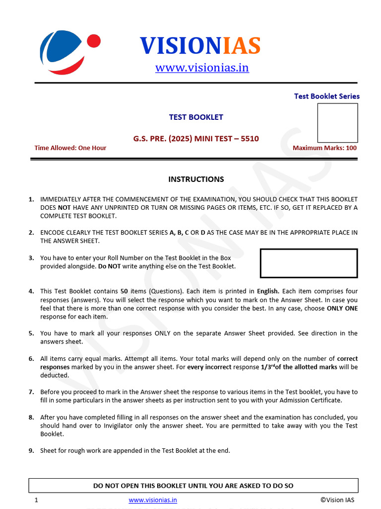 VISION IAS Prelims 2025 Mini Test 12 With Solution in English and ...