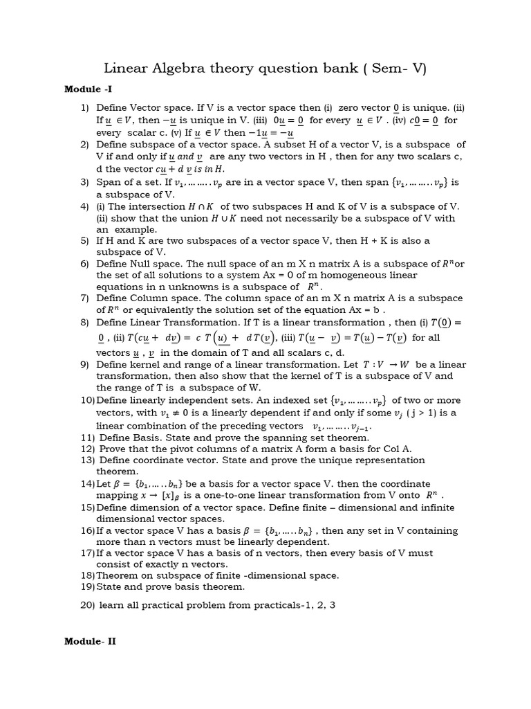 Linear Algebra Theory Question Bank | PDF | Linear Subspace | Linear Map