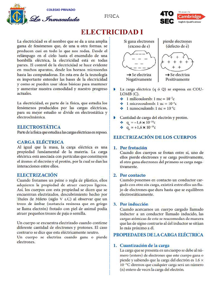 15.-Ficha Instructiva - Electricidad I - 4to - FISICA | PDF