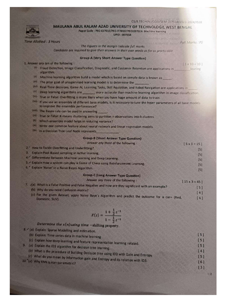 Machine Learning Previoous Year Question 2023 | PDF