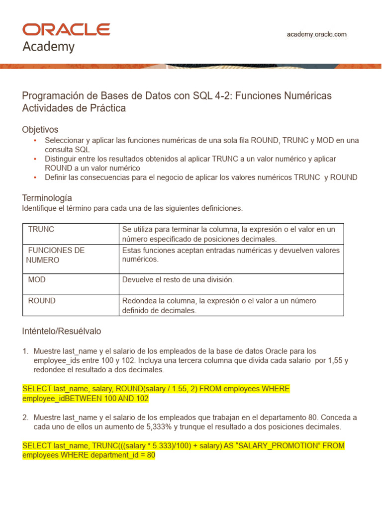 Funciones Numéricas en SQL: ROUND y TRUNC | PDF | SQL | Gestión de datos