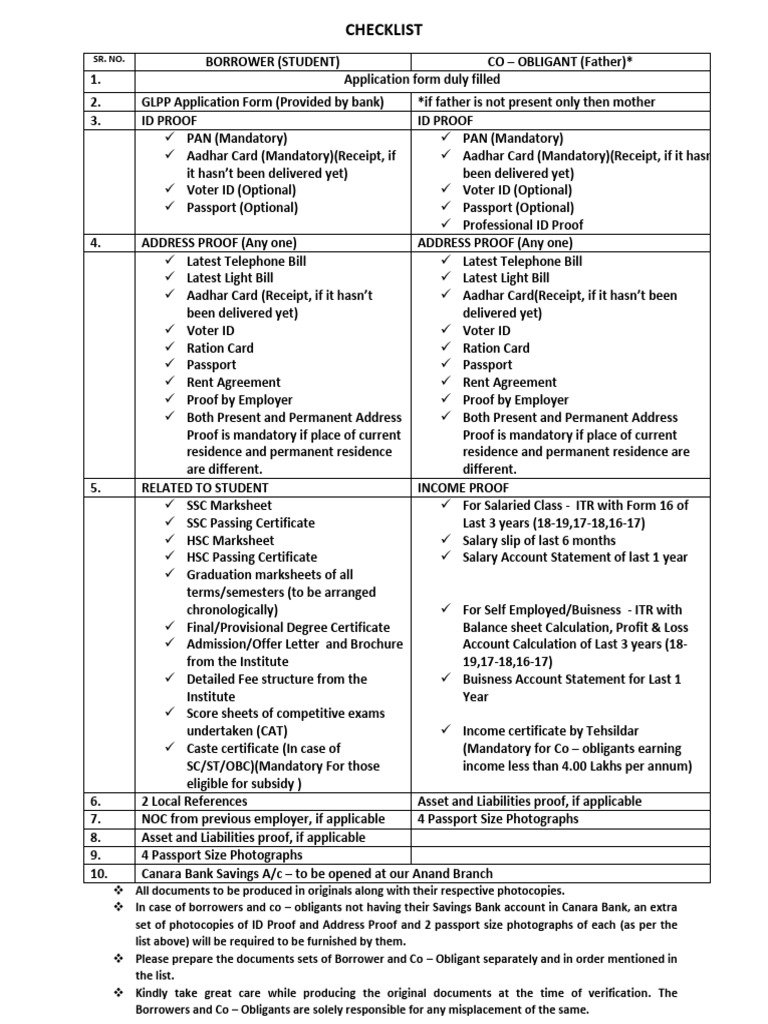 Education Loan Checklist | PDF