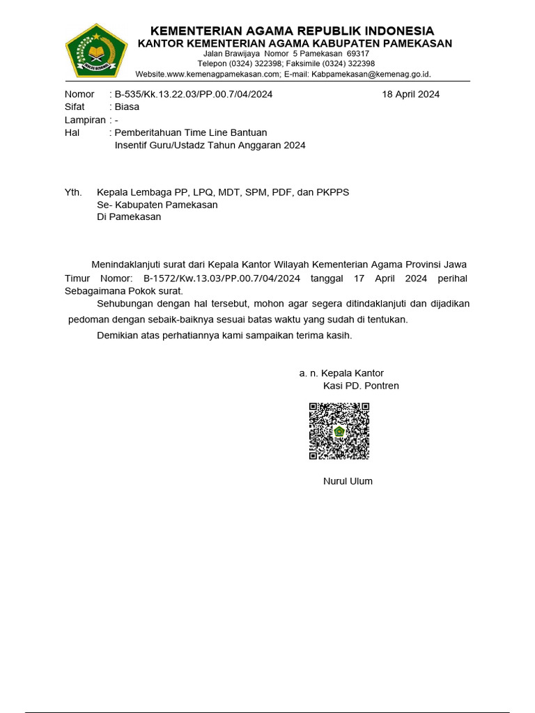 SURAT PEMBERITAHUAN TIMELINE INSENTIF 2024 | PDF
