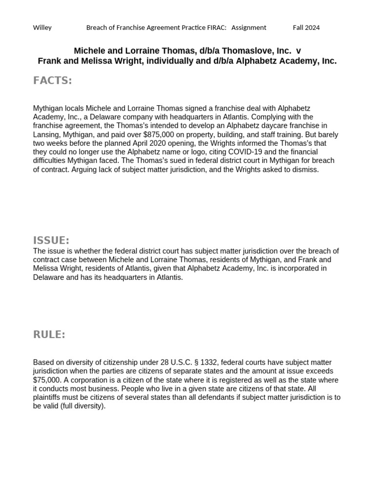 Breach of Franchise Practice FIRAC Assignment | PDF | Diversity ...