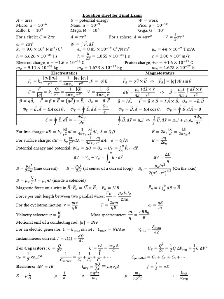 Equations Sheet For Final Exam | PDF | Physical Quantities ...