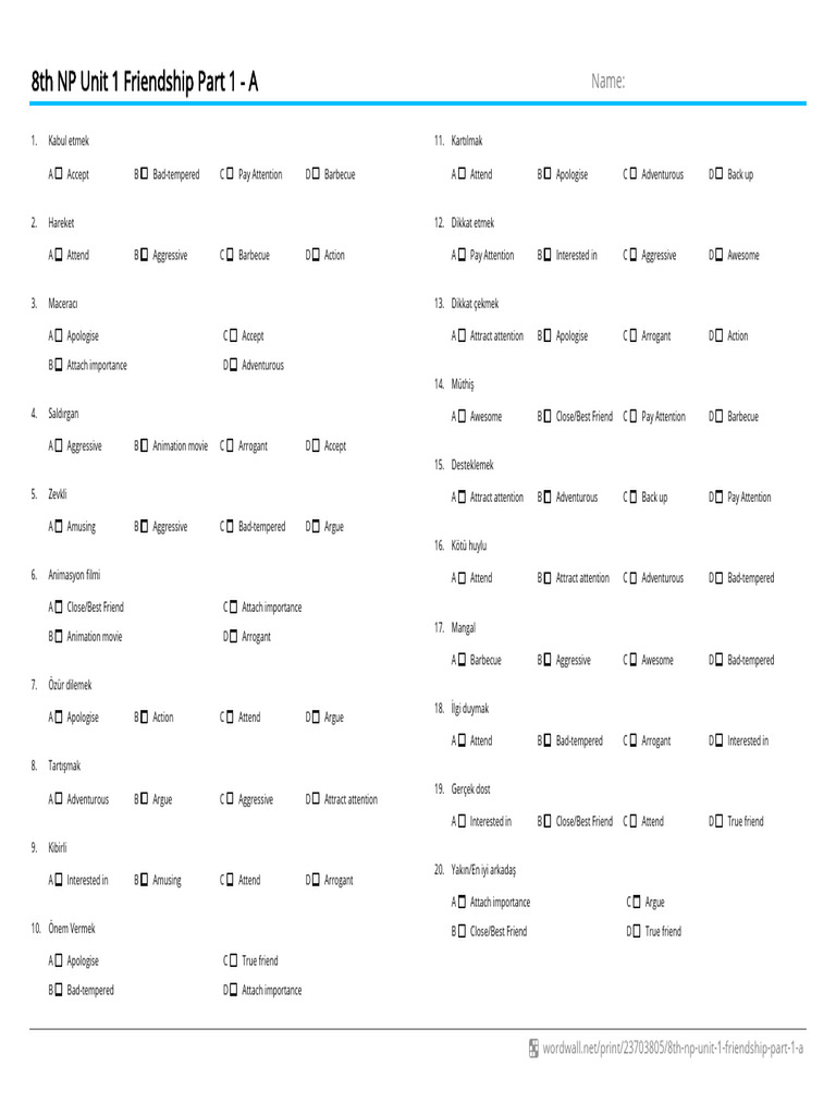 8th Grade Friendship Vocabulary Quiz | PDF