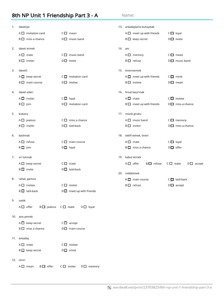8th NP Unit 1 Friendship Part 3 A Quiz | PDF