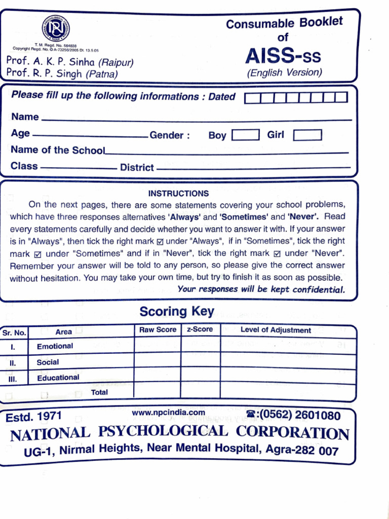 Aiss -Ss Questionnaire | PDF | Psychological Concepts | Social Psychology