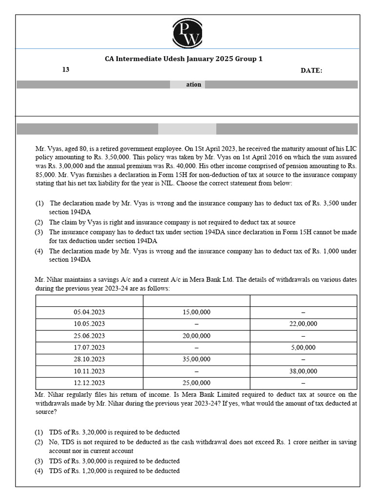 Practice Test 13 Test Paper Pdf Taxes Pension