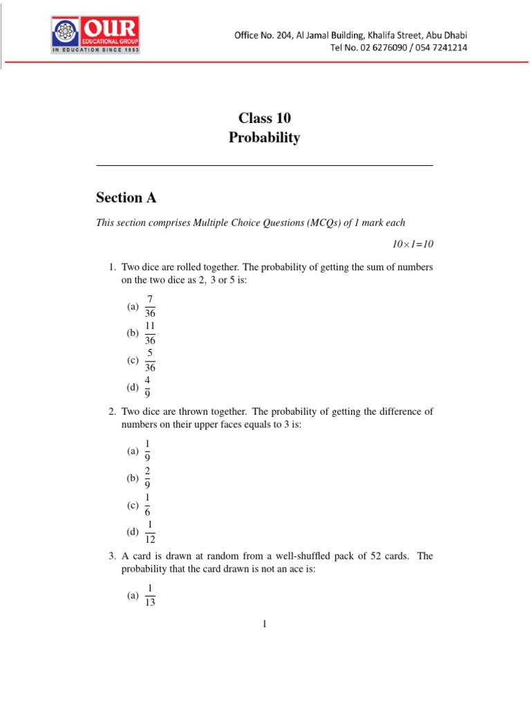 Class_10___Probability__Test_ (1) | PDF | Probability | Dice
