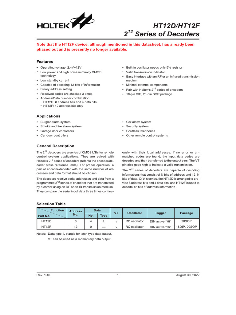 HT12D Decoder Specifications and Features | PDF | Cmos | Electronic ...