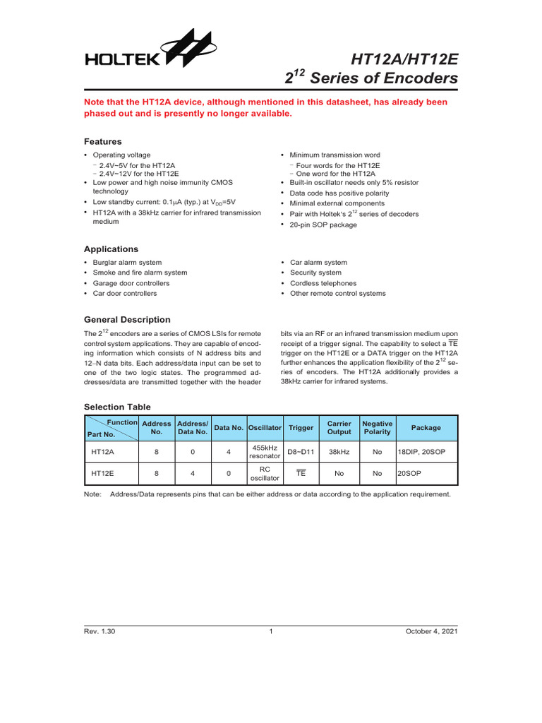 HT12E Holtek Emisor - Encoder | PDF | Cmos | Electronic Oscillator