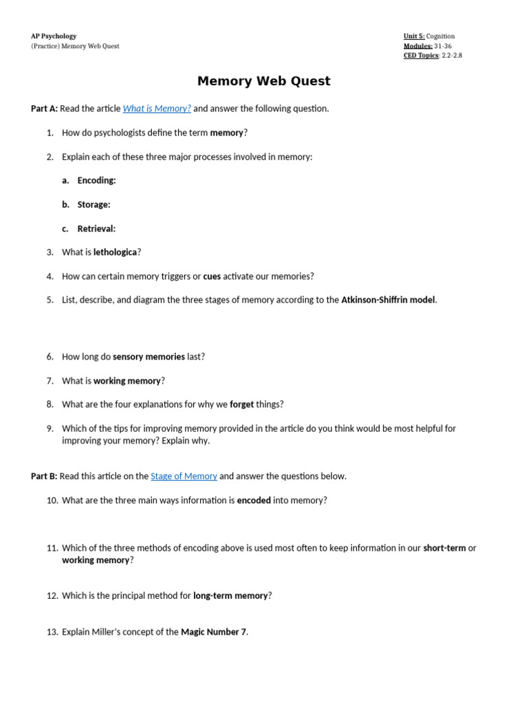 (Practice) Memory WebQuest | PDF | Memory | Long Term Memory
