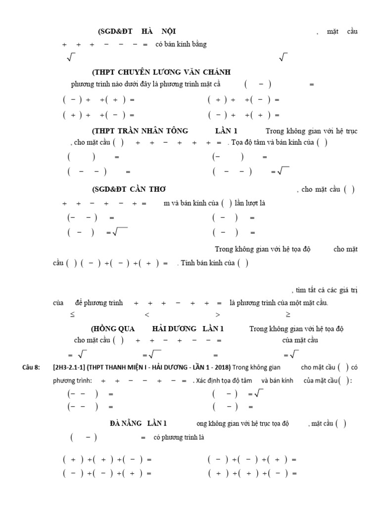 Đê - Phương Trình Mặt Cầu - Bt - Muc Do 1 | PDF