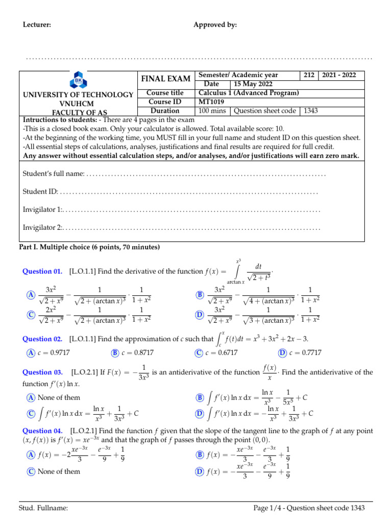 Calculus 1 Final Exam Question Sheet | PDF | Force | Mathematical Analysis