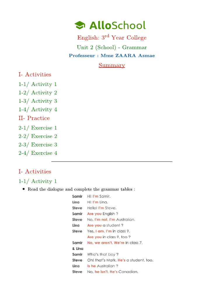 Unit 2 School Grammar 2 | PDF