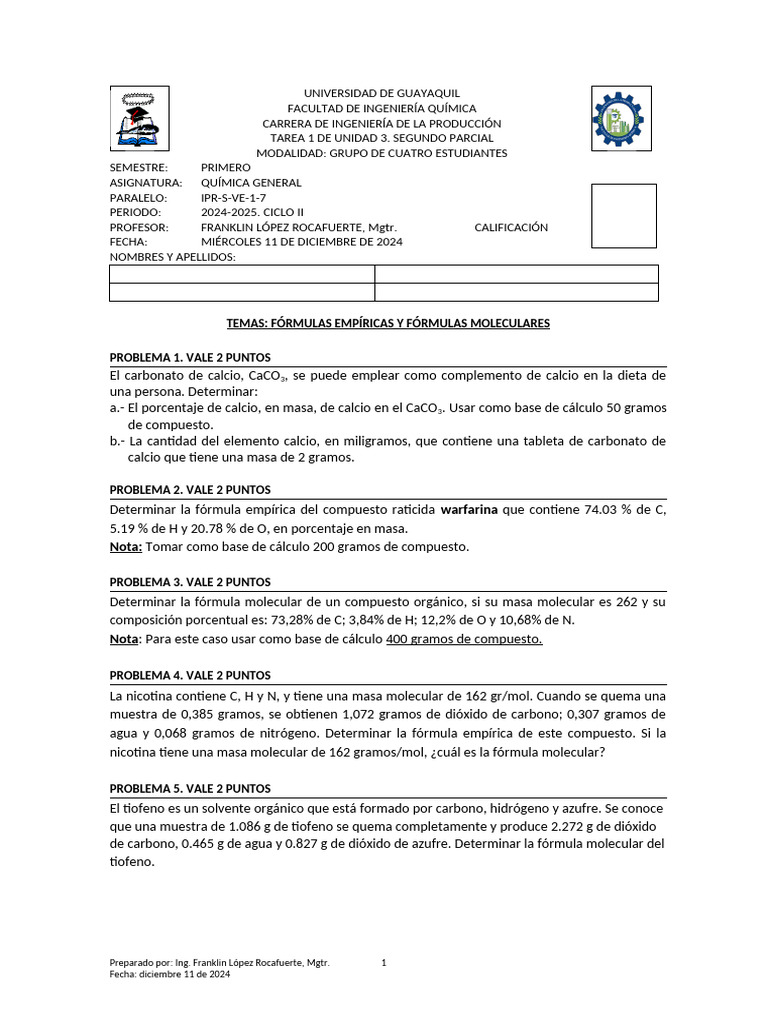 Tarea 1 - Unidad 3 - Tema - Formulas Empiricas y Formulares - Ipr-S-Ve-1-7 - Cii - Periodo 2024 ...