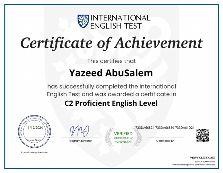 English Certificate - C2 Proficient English Level - Yazeed AbuSalem | PDF