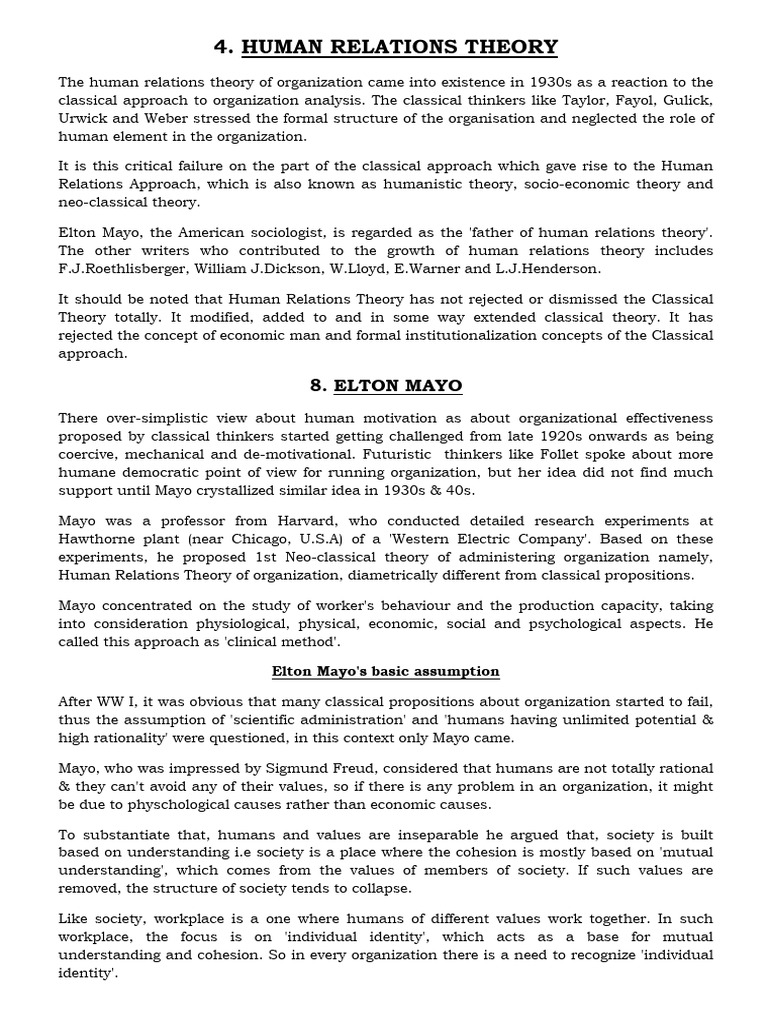 Human Relations Theory | PDF | Incentive | Organizational Behavior