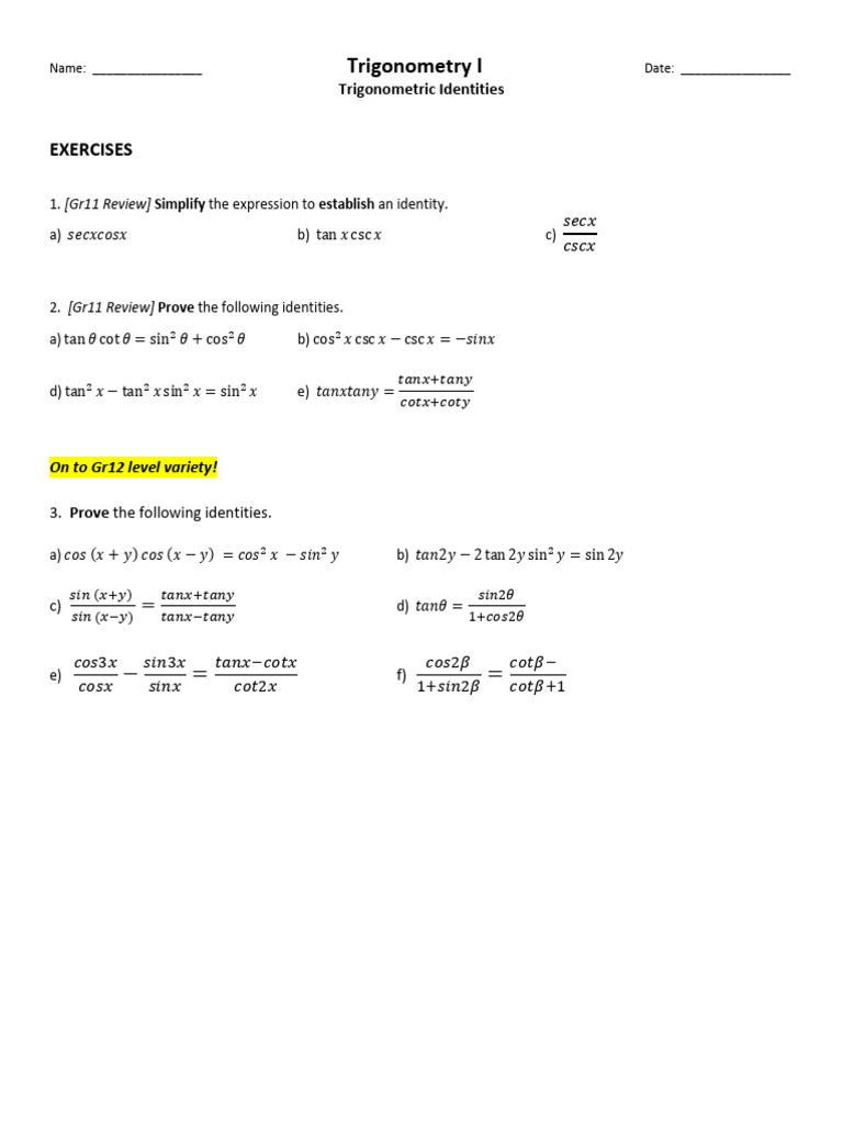 Trigonometric Identities Exercises | PDF