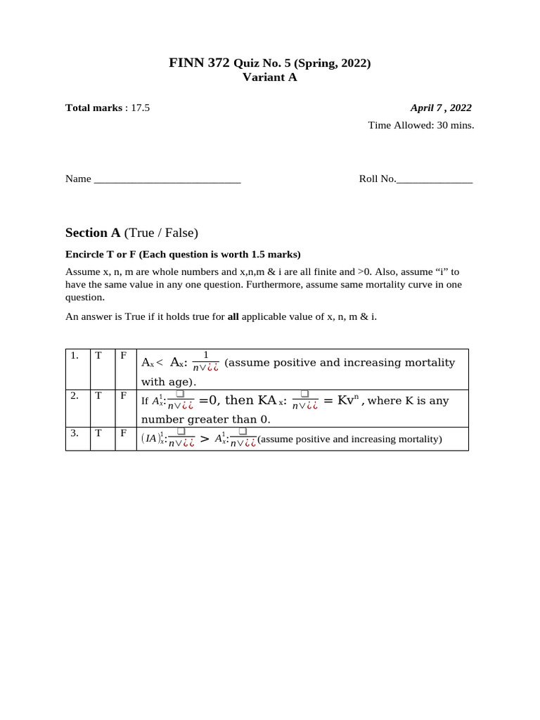 Quiz 5, Spring 2022 | PDF | Mathematics | Applied Mathematics