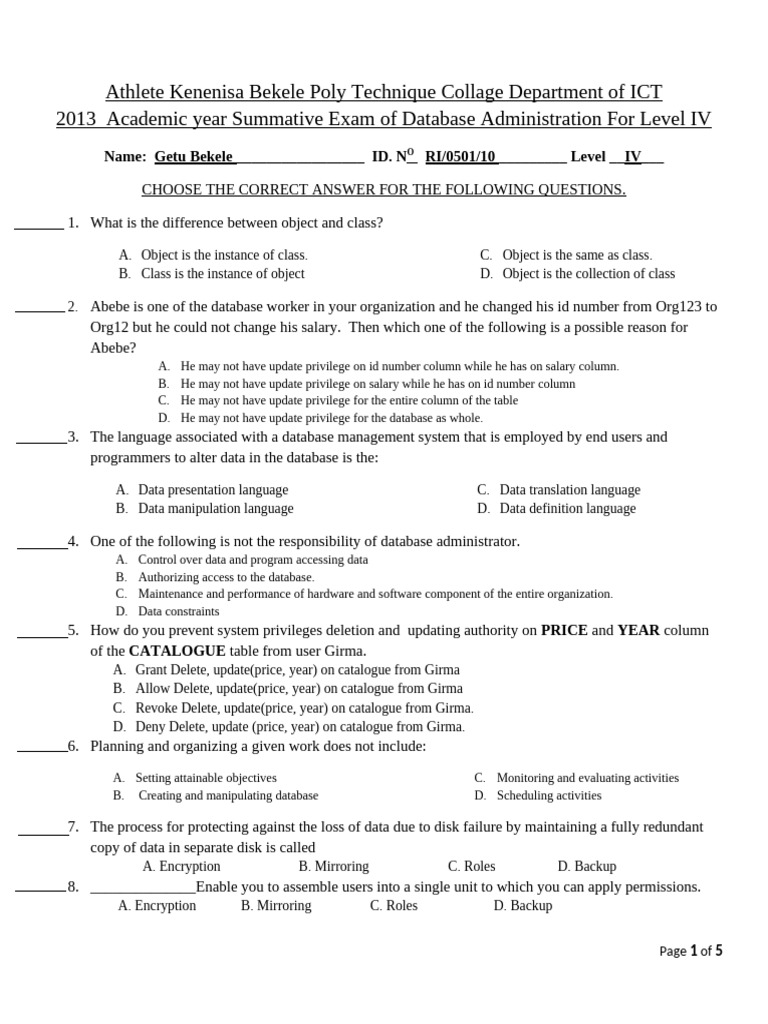 Database Administration Exam Questions | PDF | Databases | Database ...