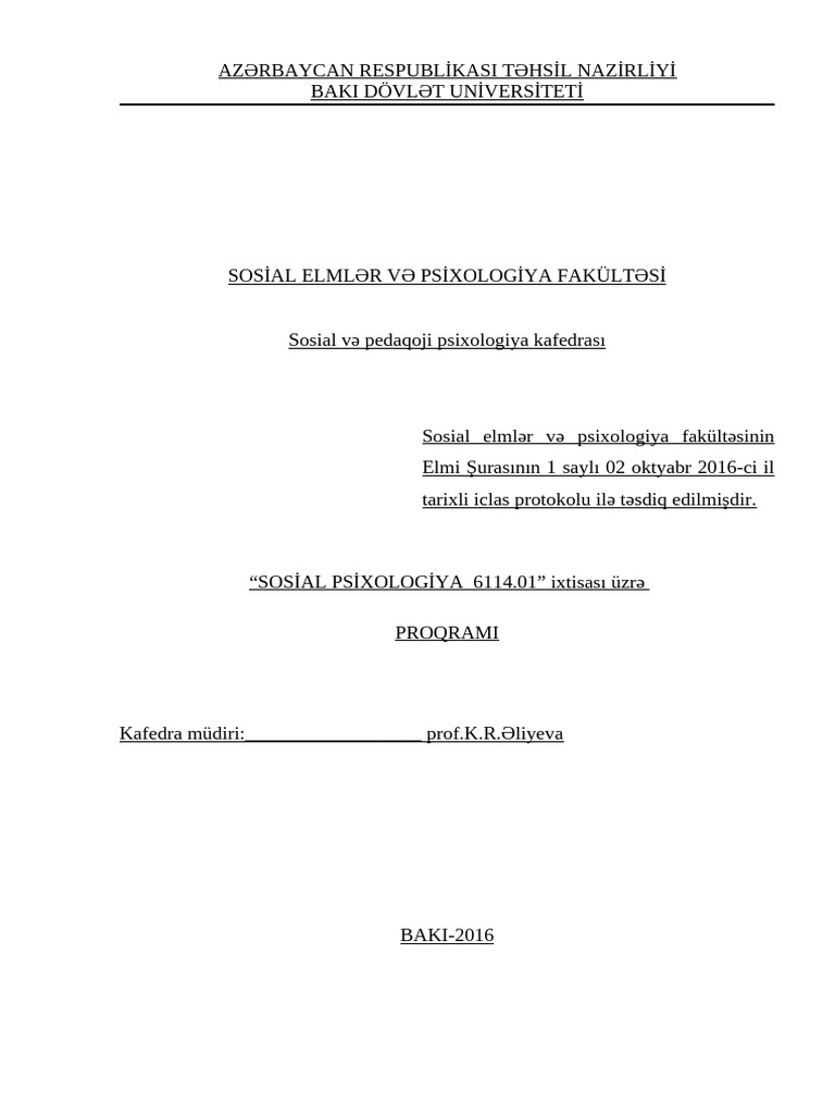 Sosial Ve Pedaqoji Psixologiya Proqram (Az) | PDF