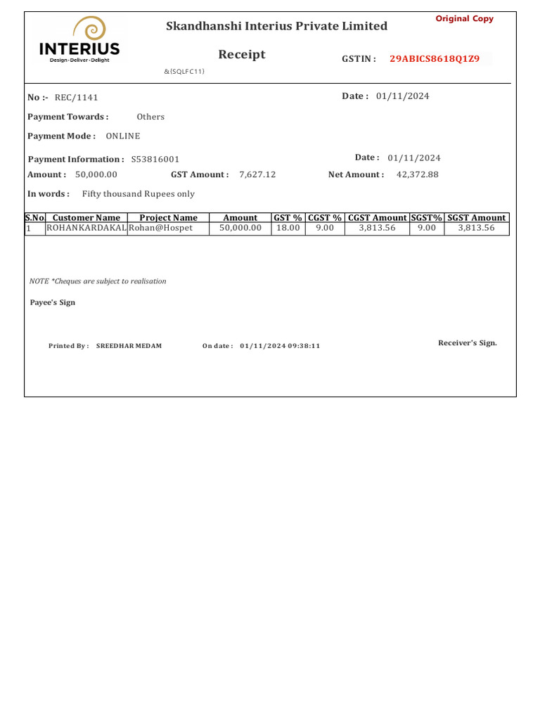 GST Payment Receipt for Skandhanshi Interius | PDF