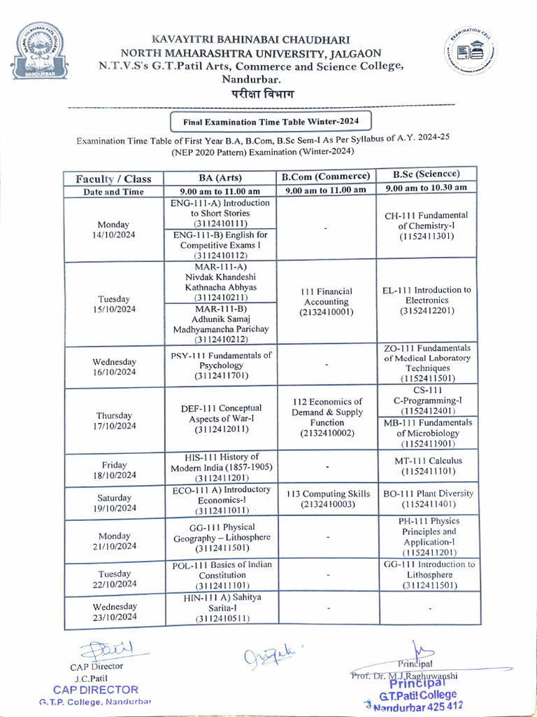 Final Exam Time Table FY BA, B. Com, B. SC (NEP-2020) Winter-2024 | PDF ...