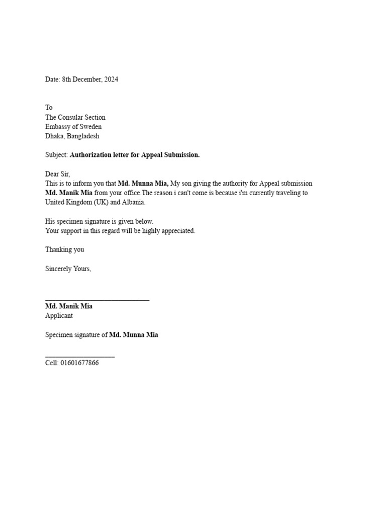 Authorization Letter For Appeal Submission | PDF