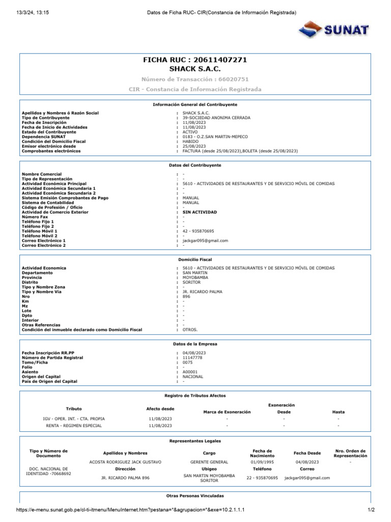Ficha Ruc SHACKSAC | PDF