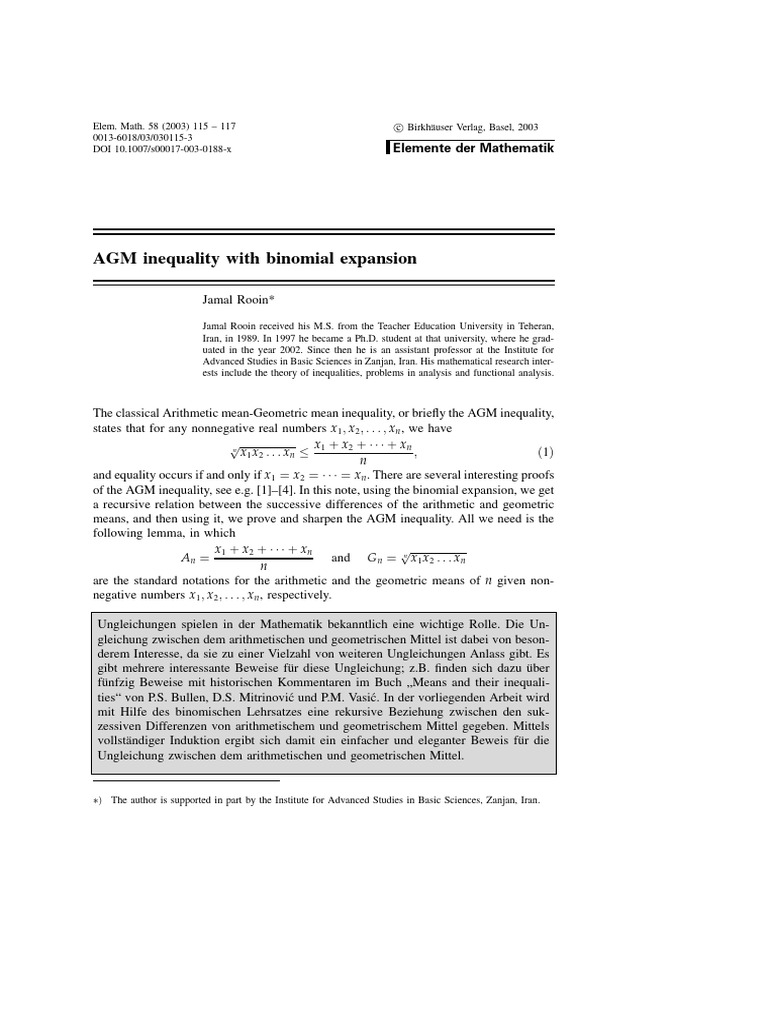 AGM Inequality With Binomial Expansion (2003) by Rooin | PDF | Inequality (Mathematics) | Square ...