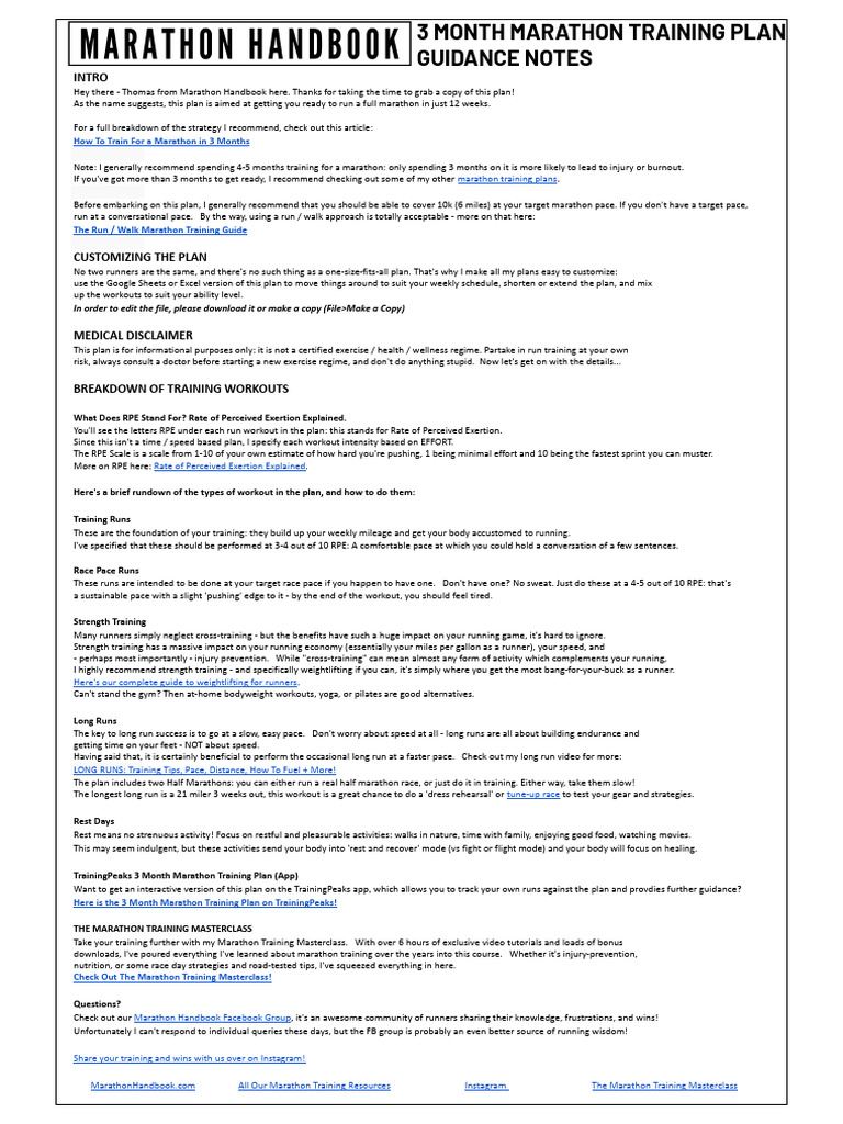 3 Month Marathon Training Plan - Guidance Notes | PDF | Marathon ...