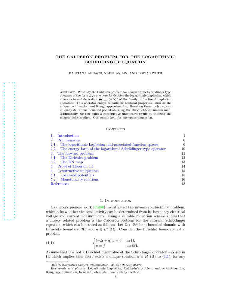 The Calderon Problem For The Logarithmic Schrodinger Equation | PDF | Fourier Transform ...