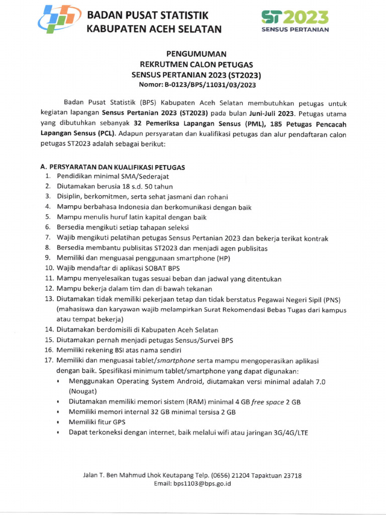 Surat Pengumuman Rekrutmen Petugas ST2023 | PDF