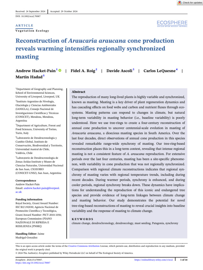 Ecosphere - 2024 - Hacket‐Pain - Reconstruction of Araucaria Araucana ... Ecosphere - 2024 - Hacket‐Pain - Reconstruction of Araucaria Araucana ...