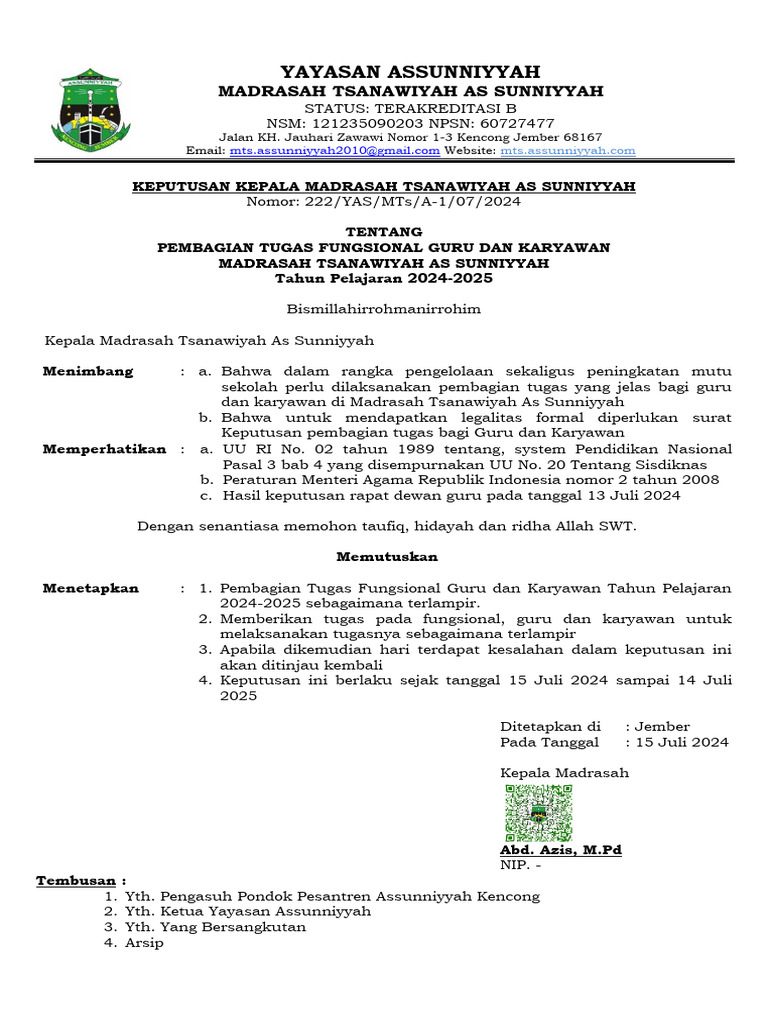 SK Pembagian Tugas 2024-2025 | PDF