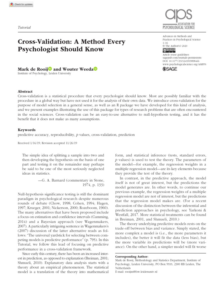 Cross-Validation A Method Every Psychologist Shoul | PDF | Cross Validation (Statistics ...