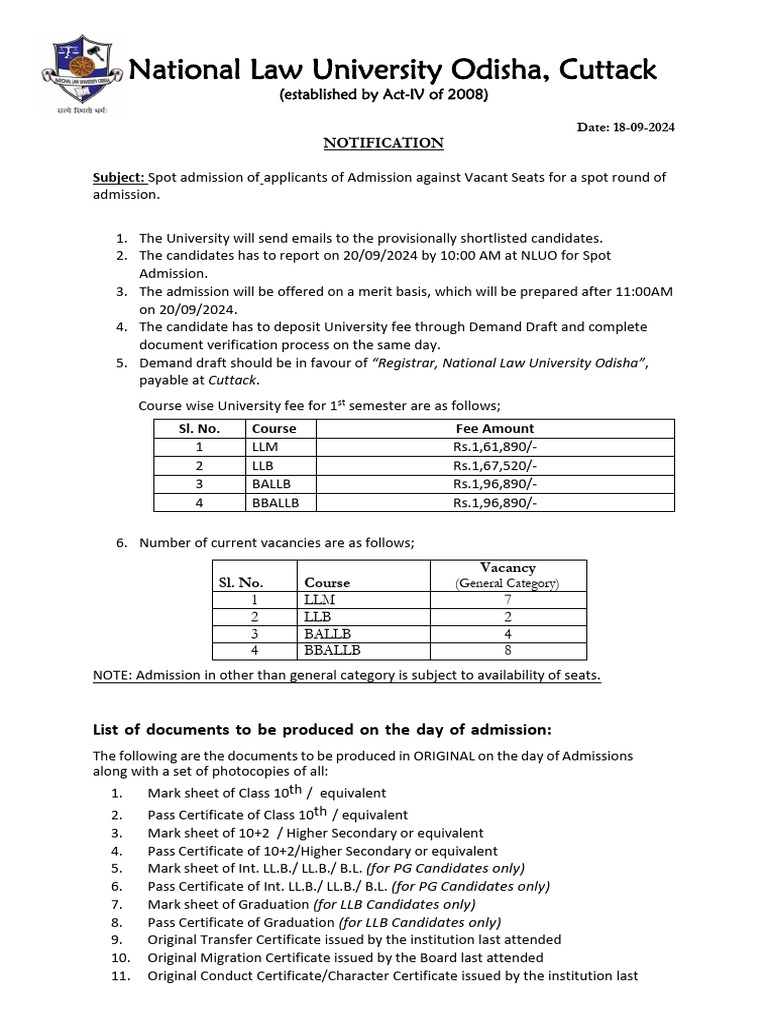 NLU Odisha Spot Admission Notification | PDF