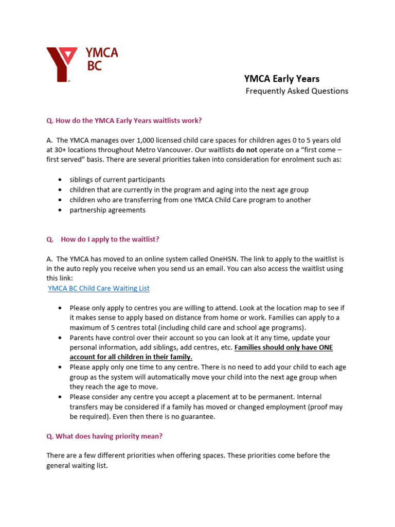 YMCA Early Years Waitlist FAQ - May 8 2024 | PDF | Child Care | Family