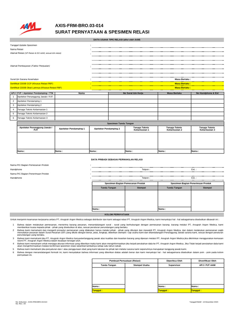 AXIS FRM BRO 03 014 Surat Pernyataan Spesimen Relasi 04 | PDF