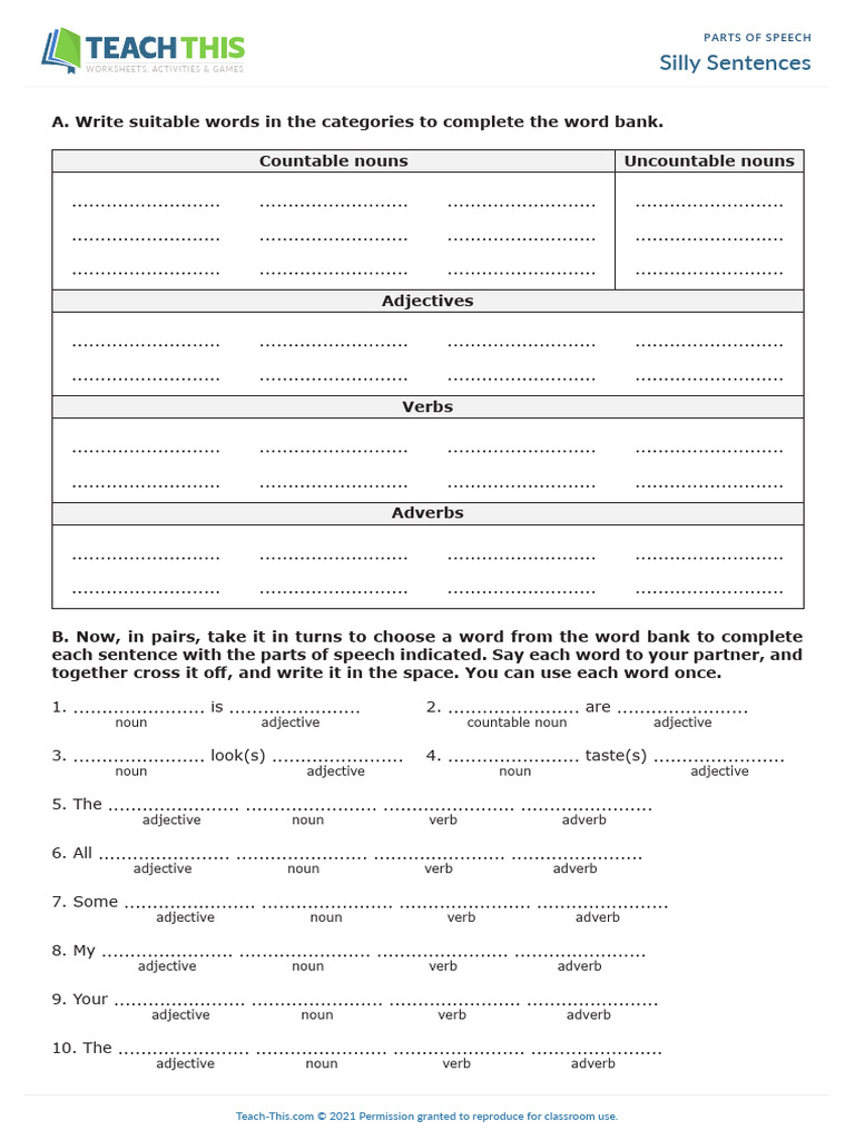 Silly Sentences Parts of Speech Activity Ss | PDF | Noun | Adverb