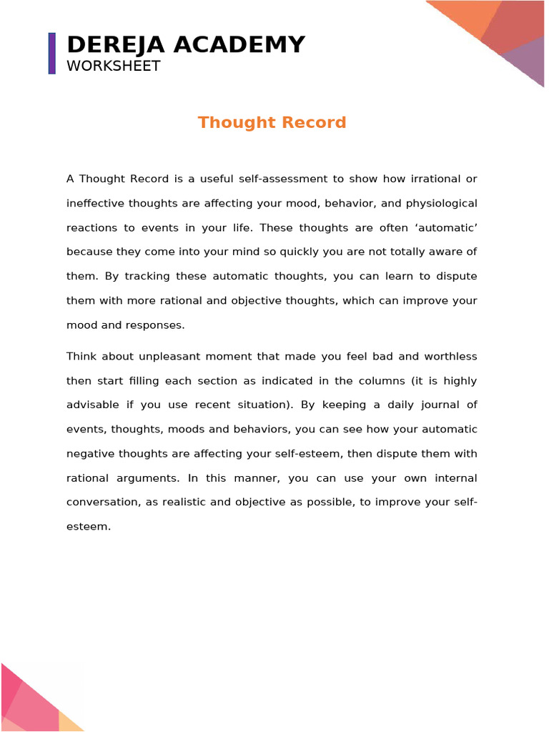 Activity 2 - DA-thought Record Worksheet | PDF | Thought | Mental Health