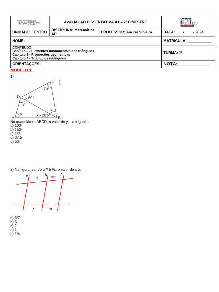 Prova A1 - Matemática AP - 1o Ano - Modelo 1 - 2o Bimestre | PDF