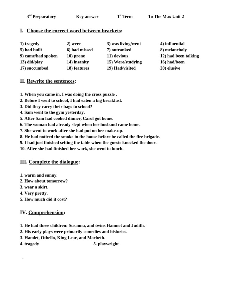 3rd Prep. Unit 2 Key Answer | PDF