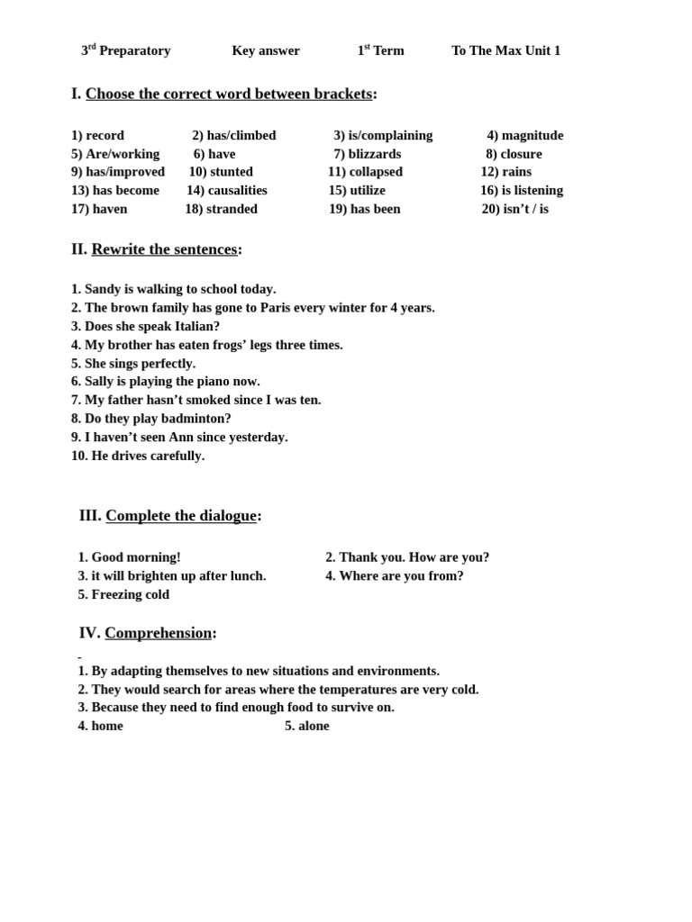 3rd Prep. Unit 1 Key Answer | PDF