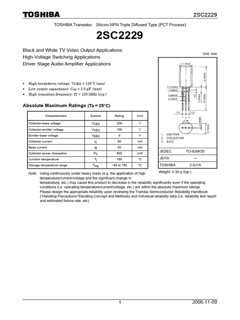2SC2229 NPN Driver Stage Audio Amplifier Toshiba | PDF | Bipolar Junction Transistor | Amplifier