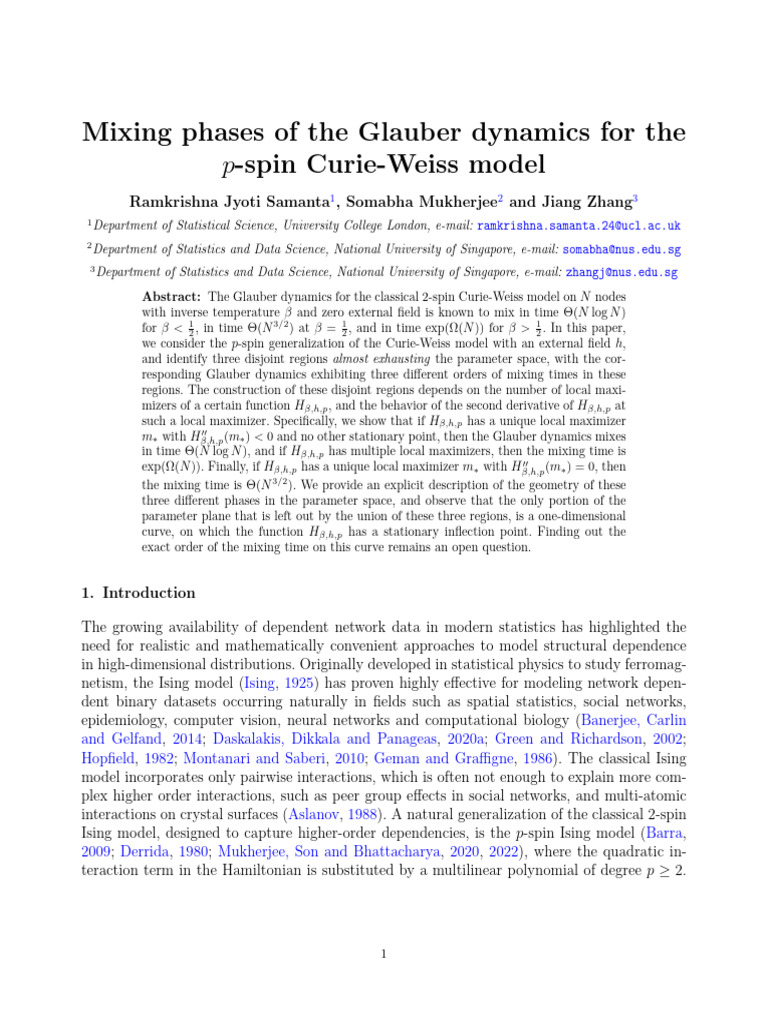 Mixing phases of the Glauber dynamics for the p-spin Curie-Weiss model ...