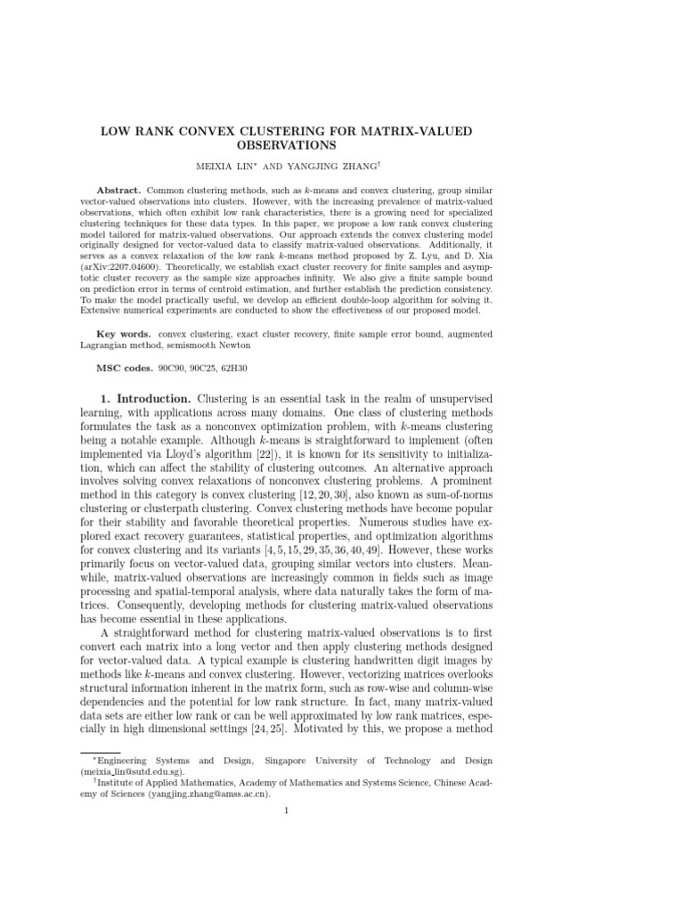 Low Rank Convex Clustering For Matrix-Valued Observations | PDF ...