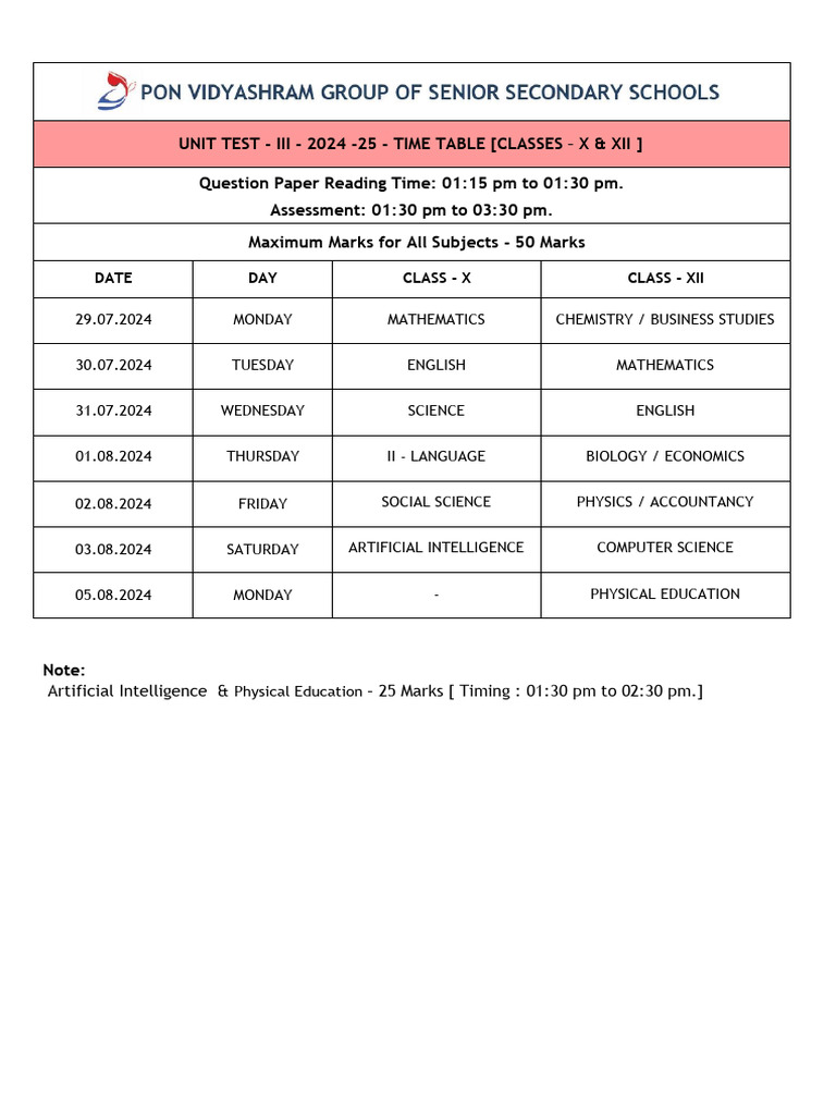 Class - X & XII Unit Test - III Time Table | PDF